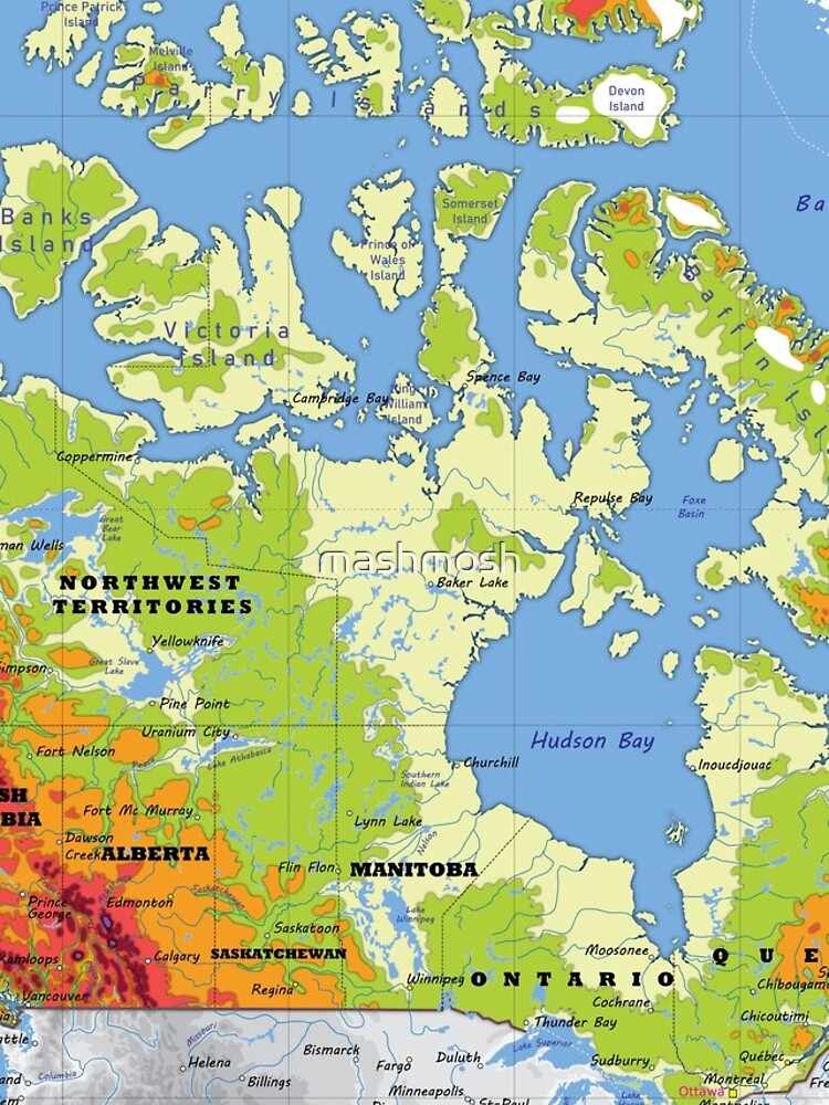 "physical map of CANADA, topographic map of CANADA with names for the ...