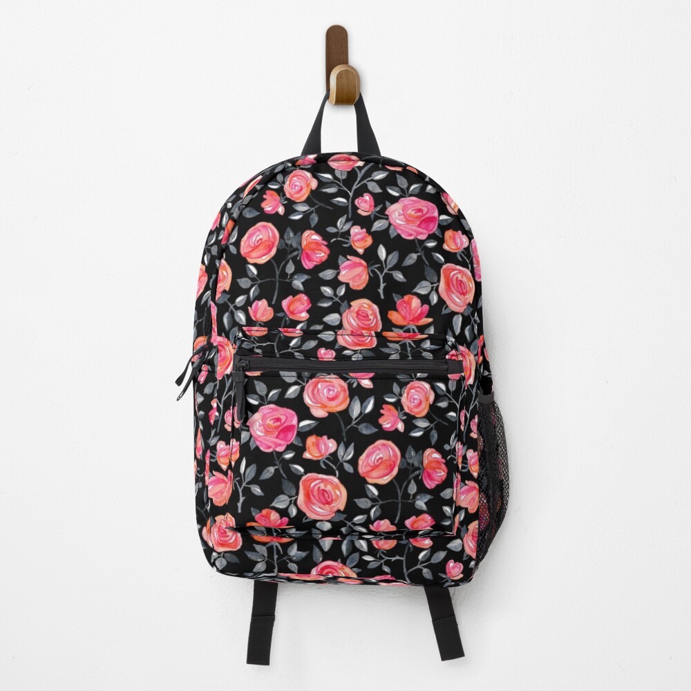 "Roses on Black - a watercolor floral pattern" Backpack for Sale by ...