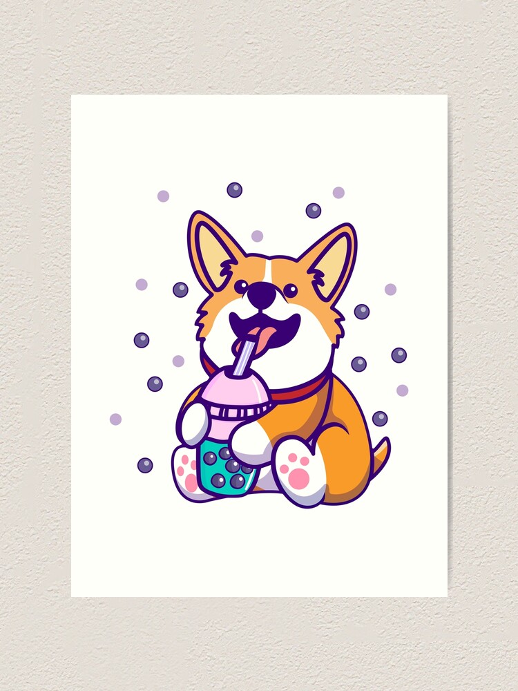 "Cute Kawaii Corgi Dog Drinking Bubble Tea Boba Milk Tea" Art Print for ...