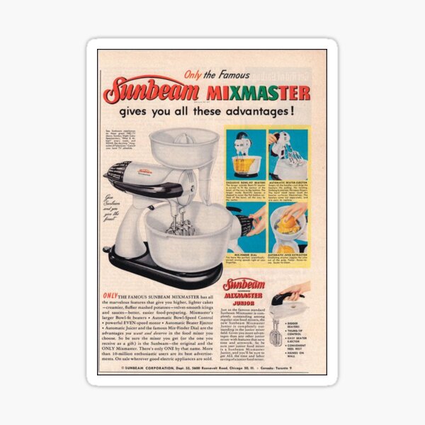 "Sunbeam MixMaster advert - vintage Kitchen" Sticker for Sale by boojun ...