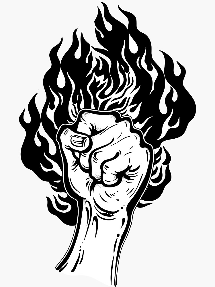 "Raised hand as a fist gesture with fire burning." Sticker by ...