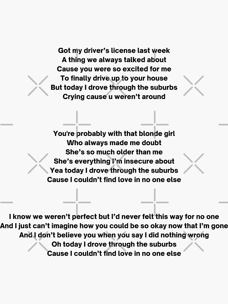 "Driver's License Lyrics - Olivia Rodrigo" Sticker for Sale by ...