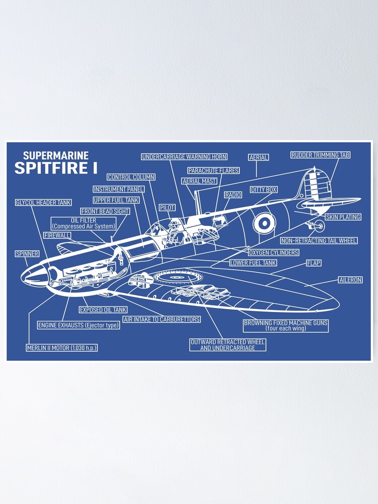 "Spitfire WW2 Fighter Plane Schematic Infographic Blueprint Diagram ...