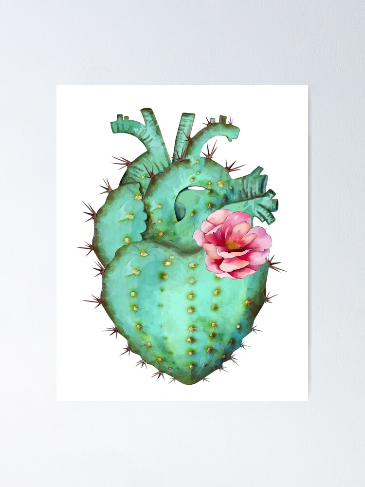 "Human heart shaped cactus succulent plant with pink flower watercolor ...