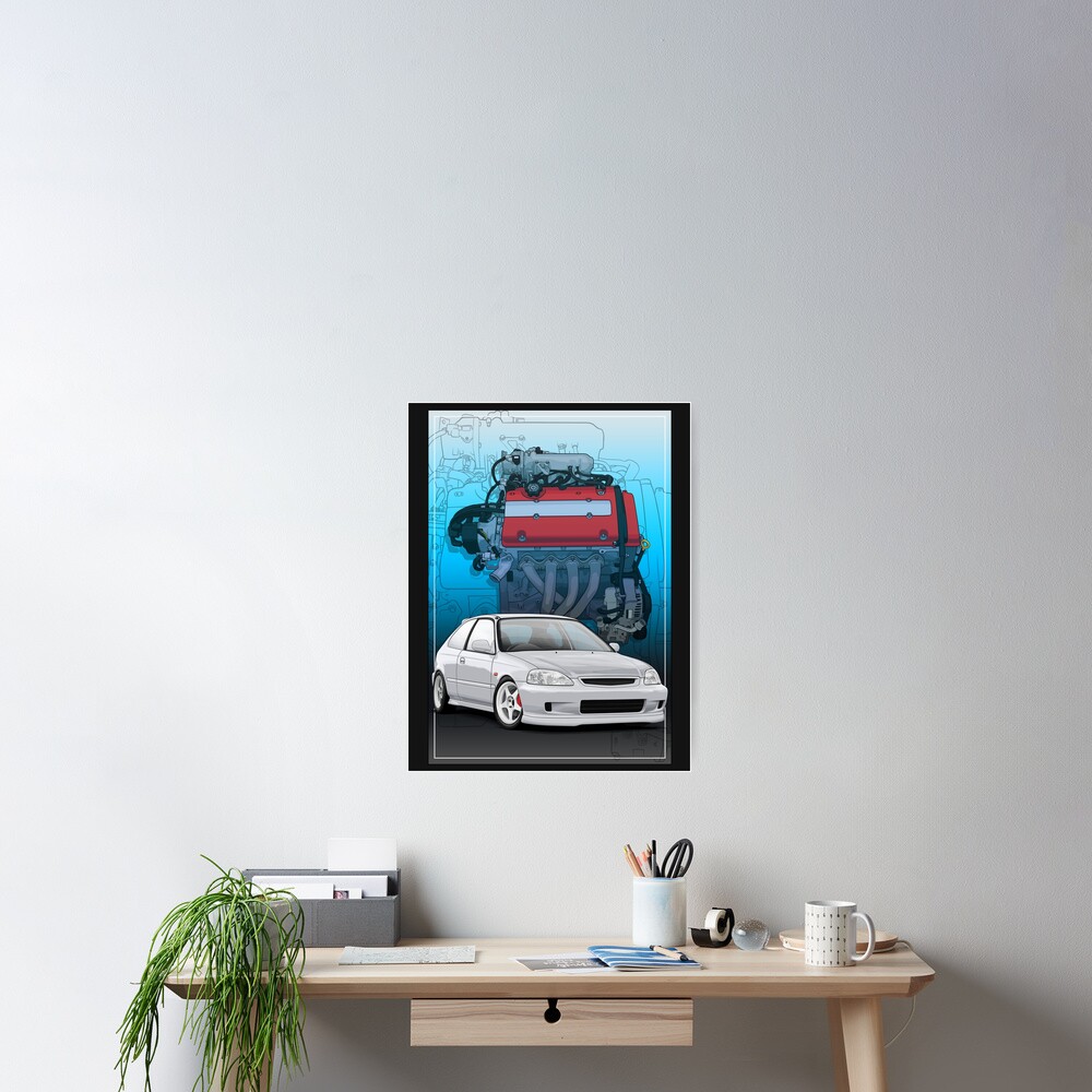 "Civic EK hatch with a H22 engine background (engine swap)" Poster by ...