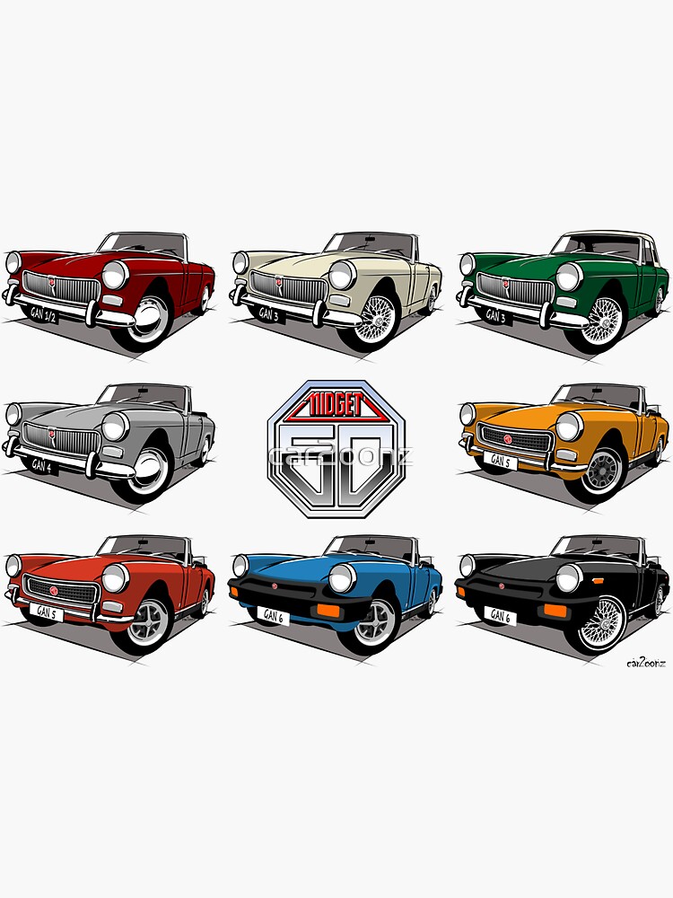 "MG Midget 60th anniversary" Sticker for Sale by car2oonz | Redbubble