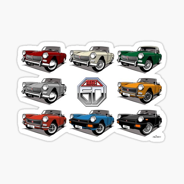 "MG Midget 60th anniversary" Sticker for Sale by car2oonz | Redbubble