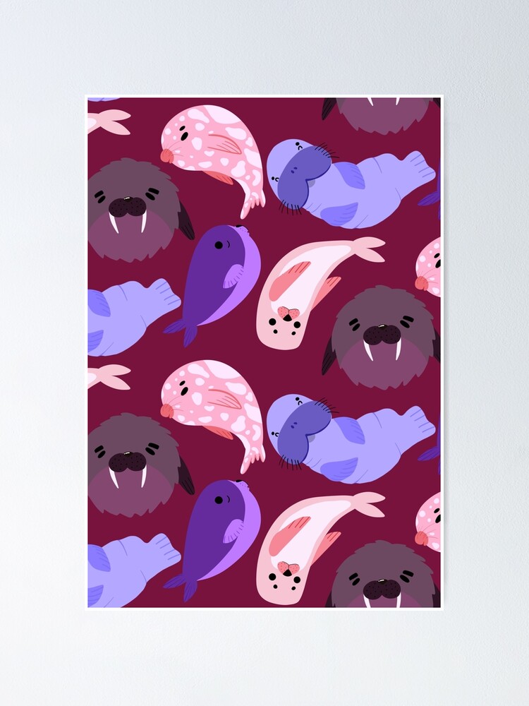 "Cute Cartoon Walrus, Seals, and Fish - Pink and Purple Monochromatic ...