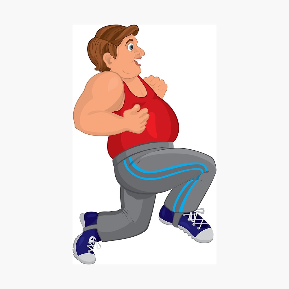 "Cartoon fat man in gray running pants runs with smile" Photographic ...