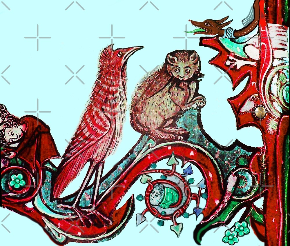 "WEIRD MEDEVAL BESTIARY, CAT AND CUCKOO BIRD IN RED GREEN HUES" by ...