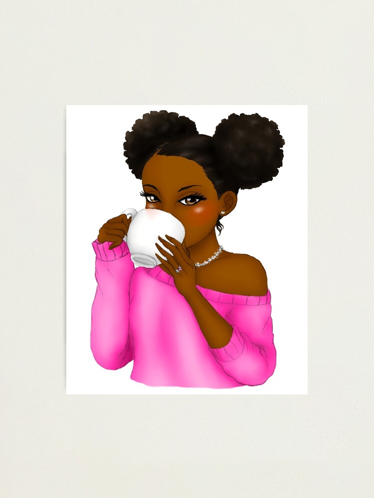 Black Girl Sipping Tea Wearing Afro Puffs Photographic Print For Sale
