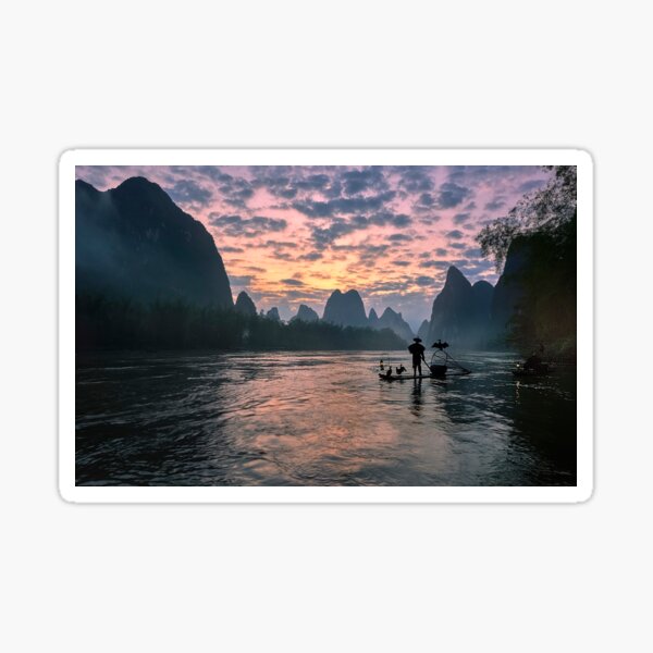 "Man rowing Boat Between The Mountains" Sticker by Rittichai | Redbubble