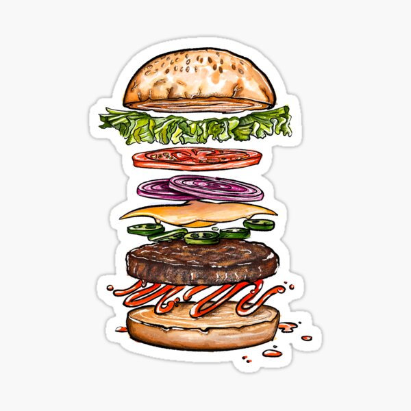 "Colourful stacked Burger Ingredients design illustration " Sticker for ...
