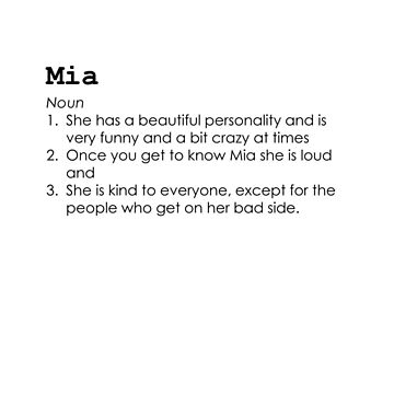 "Mia name definition- white" Sticker for Sale by mycreationsco | Redbubble