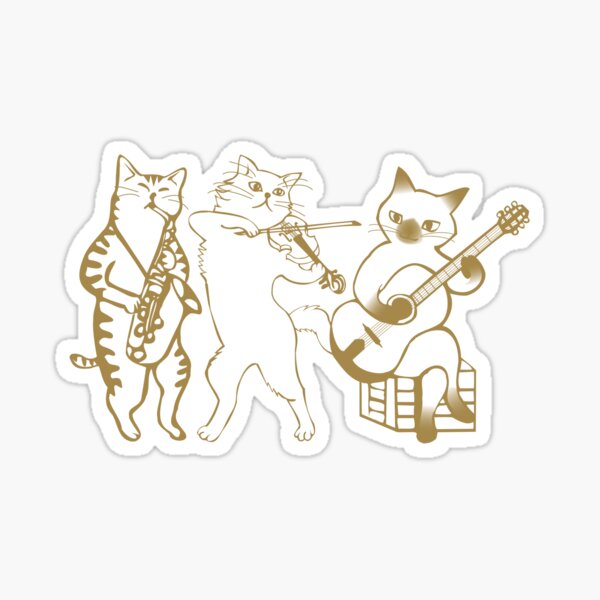 "Cute cats playing musical instruments in a band - gold" Sticker for ...
