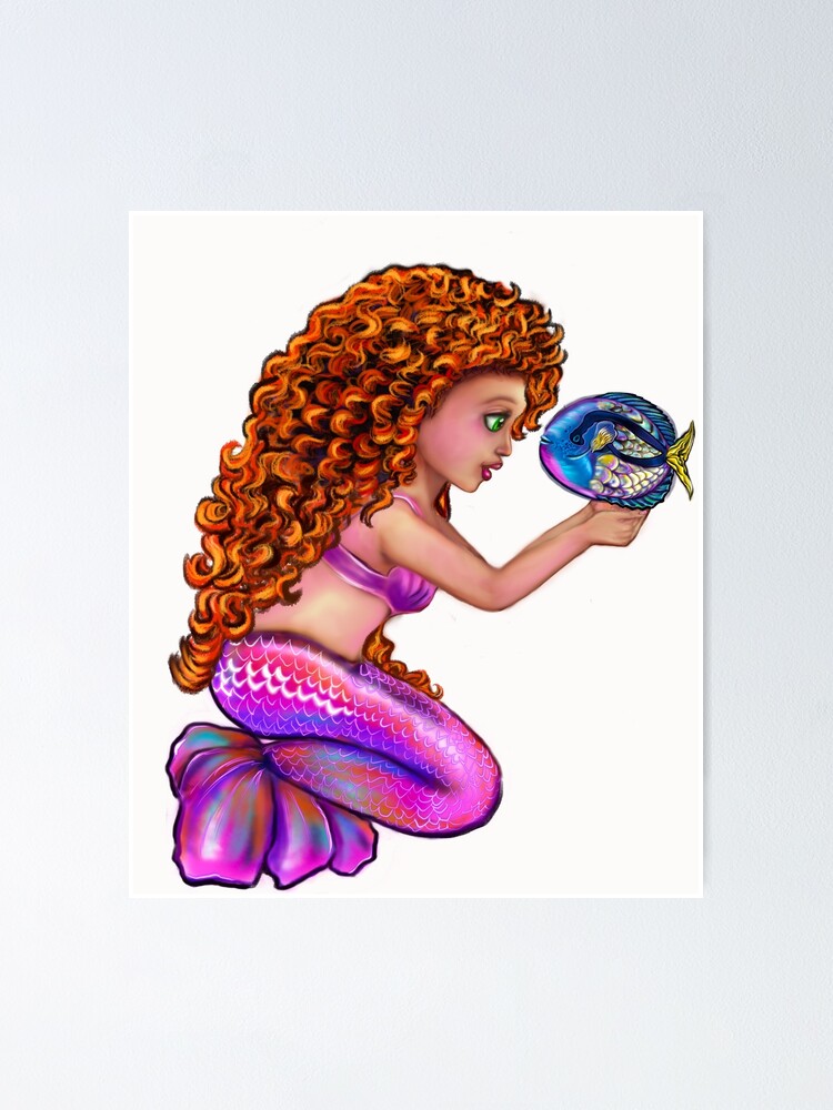 "Mermaid Red head anime mermaid with blue tang fish, beautiful girl ...