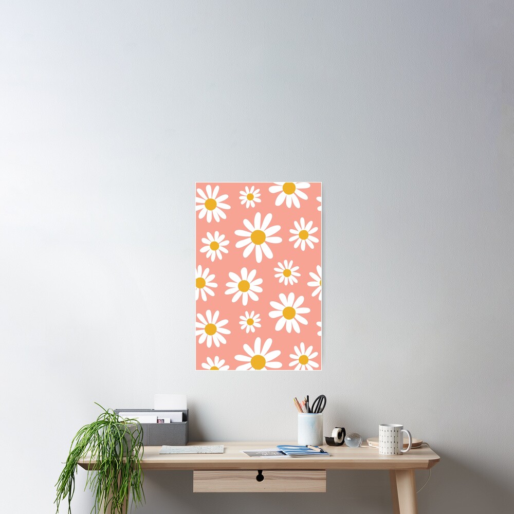 "Spring daisies floral retro pattern on coral pink" Poster by ...