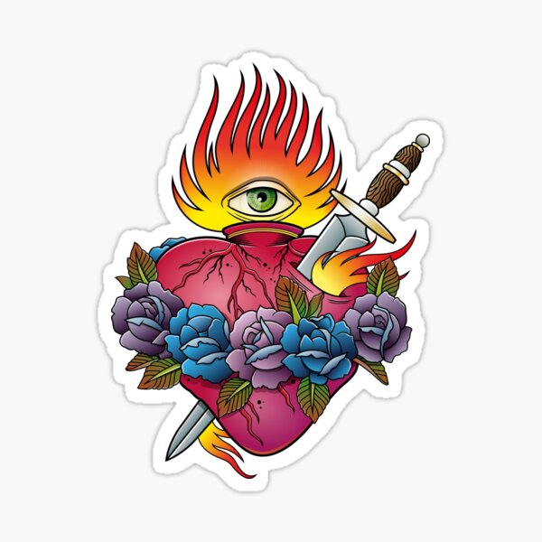 "Flaming heart tattoo" Sticker by satoriartwork | Redbubble