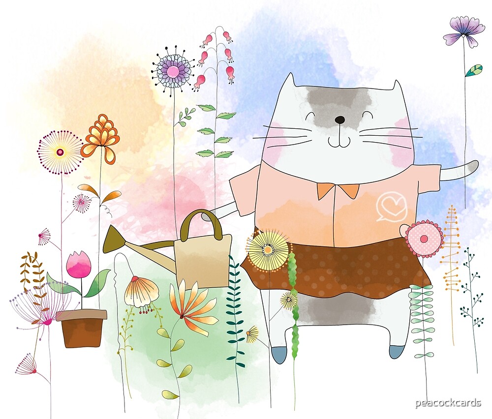 "Beautiful Watercolor Cat in Flower Garden " by peacockcards | Redbubble