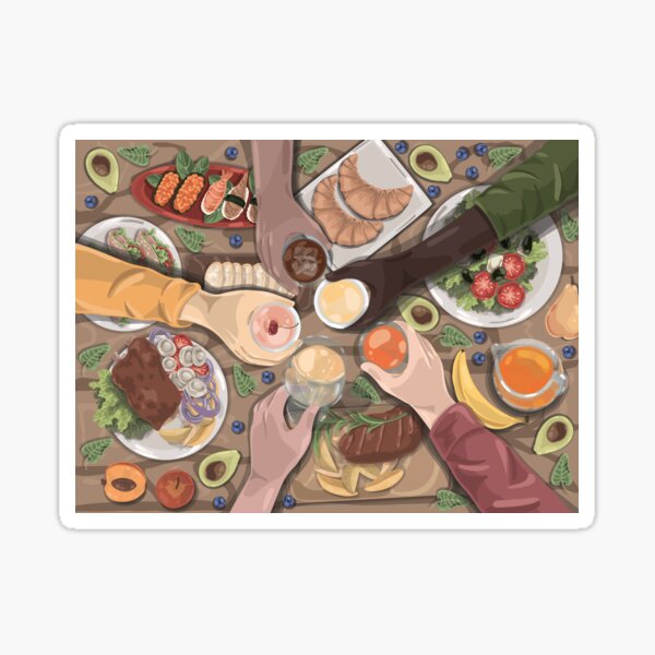"Gathering of Family and Friends Over Food And Toasting Drinks" Sticker ...