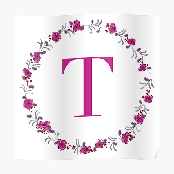 Póster «Monograma de la letra T con flores y hojas de color fucsia» de ...
