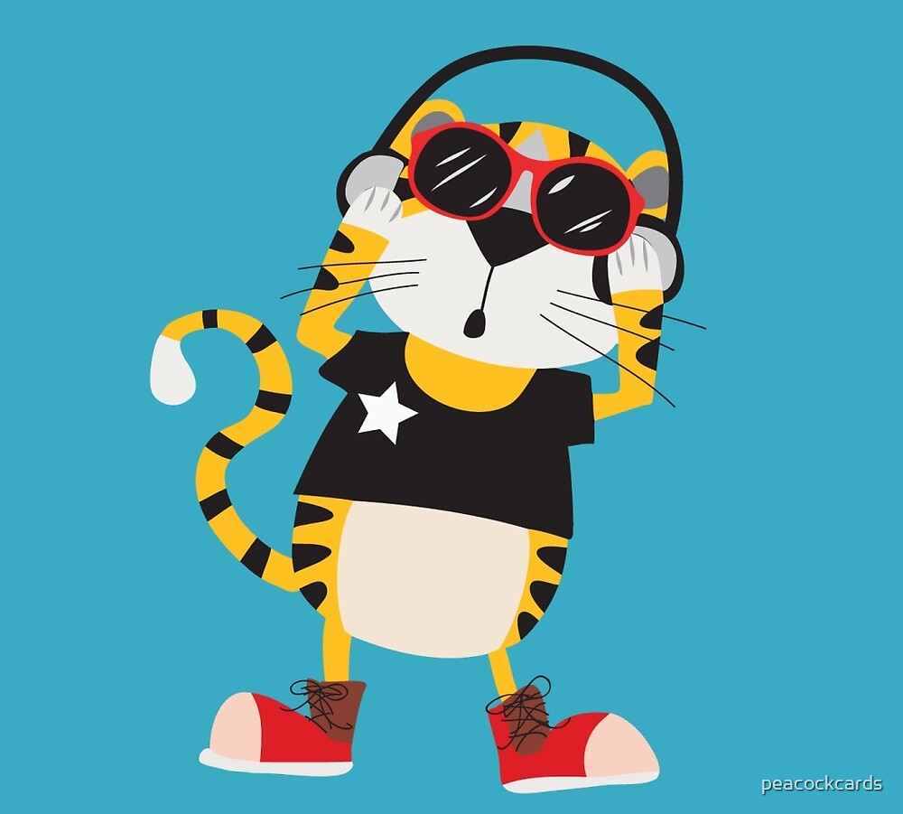 "Cartoon Animals Tiger Listening To Music" by peacockcards | Redbubble