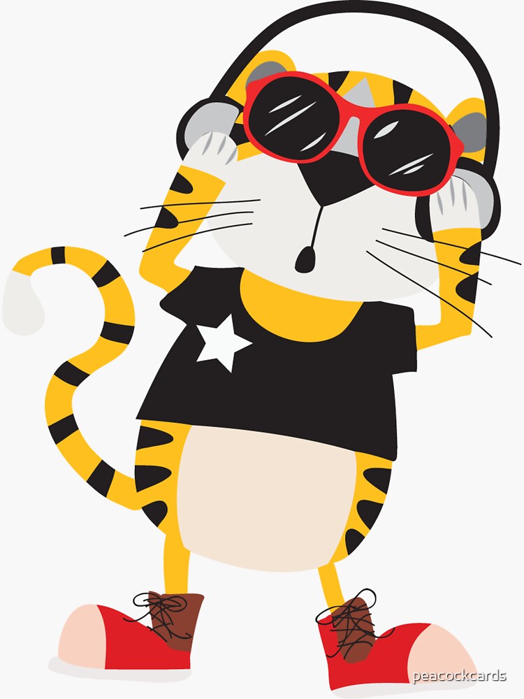 "Cartoon Animals Tiger Listening To Music" Sticker for Sale by ...