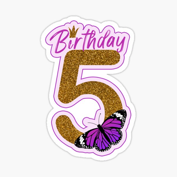 "Pink and golden glitter butterfly birthday 5 years" Sticker for Sale ...