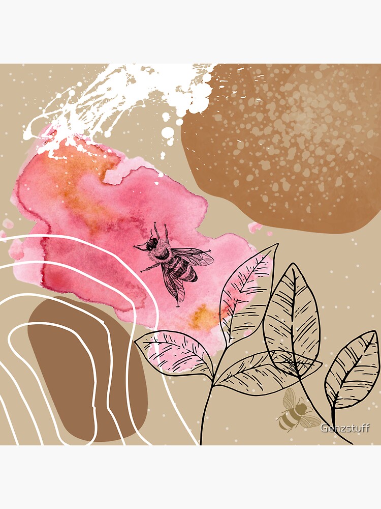 "Beautiful garden bees outlines beige aesthetic pink flowers" Sticker ...