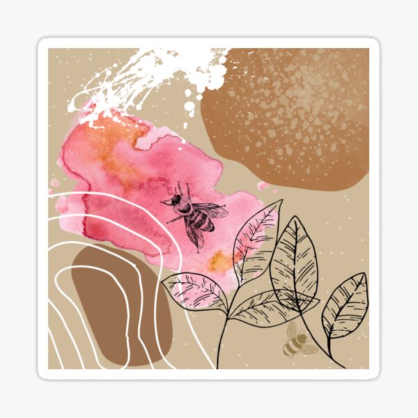 "Beautiful garden bees outlines beige aesthetic pink flowers" Sticker ...