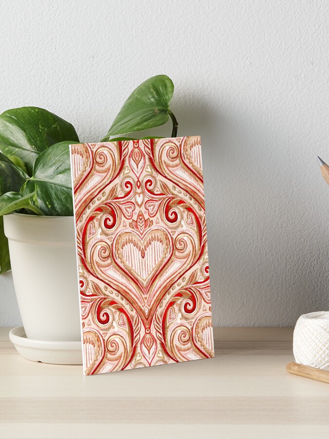 "Rosy Valentine Heart Damask with Faux Linen Texture" Art Board Print ...