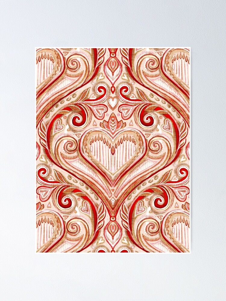 "Rosy Valentine Heart Damask with Faux Linen Texture" Poster for Sale ...
