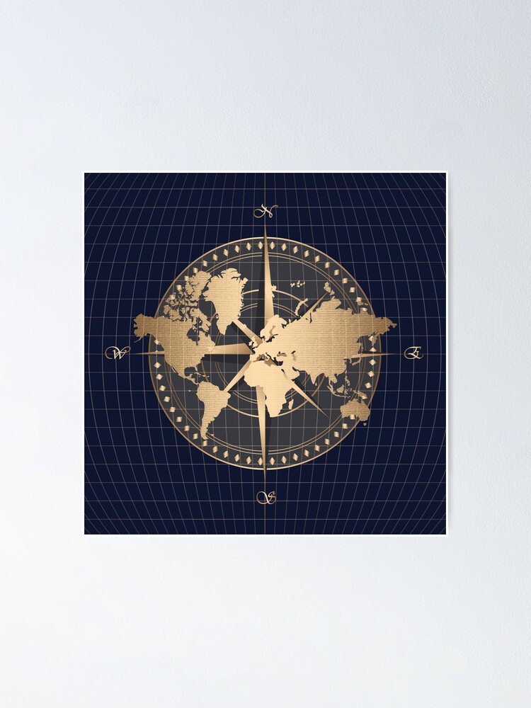 "Gold world map with compass on blue background" Poster by ...