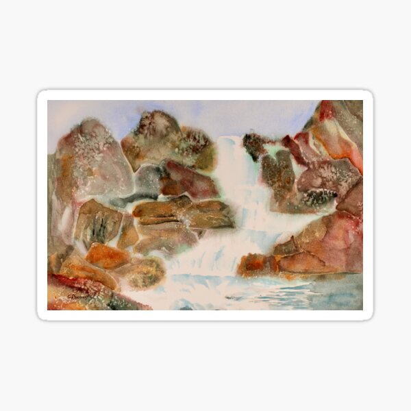 "Misty Waterfall Watercolor Cascading Water and Mossy Rocks" Sticker by ...