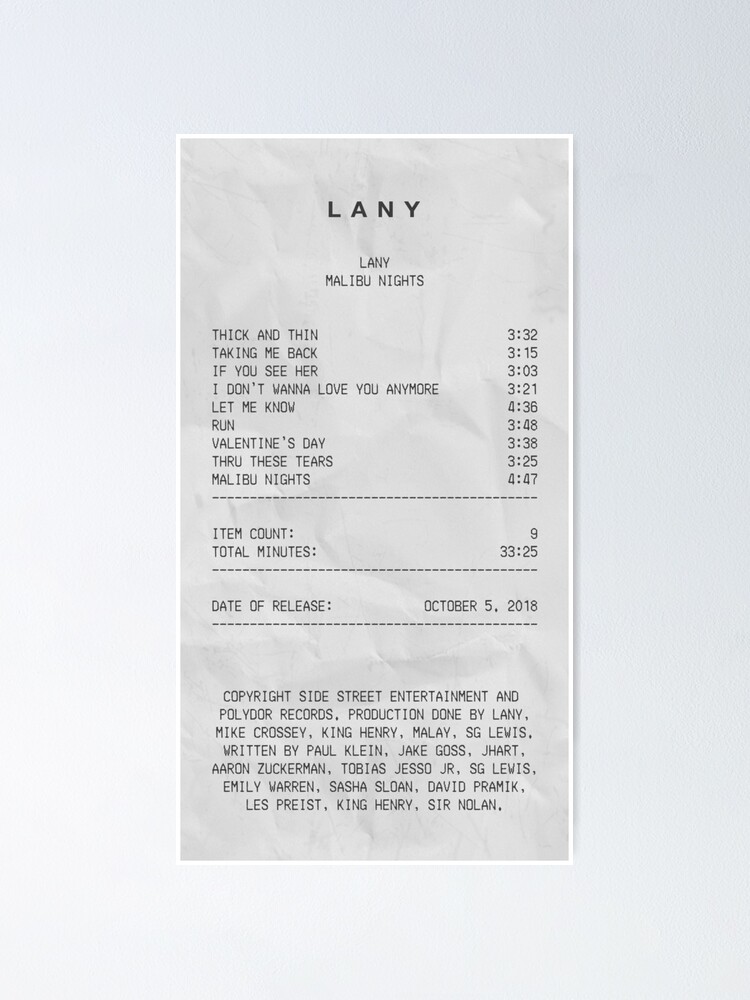 "Album Receipt - Malibu Nights" Poster for Sale by mitchgraney | Redbubble