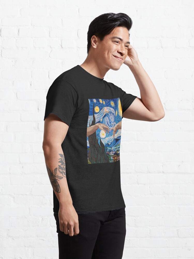 The Creation Of Adam Michelangelo Fingers Touching The Starry Night Vincent Van Gogh T-Shirt