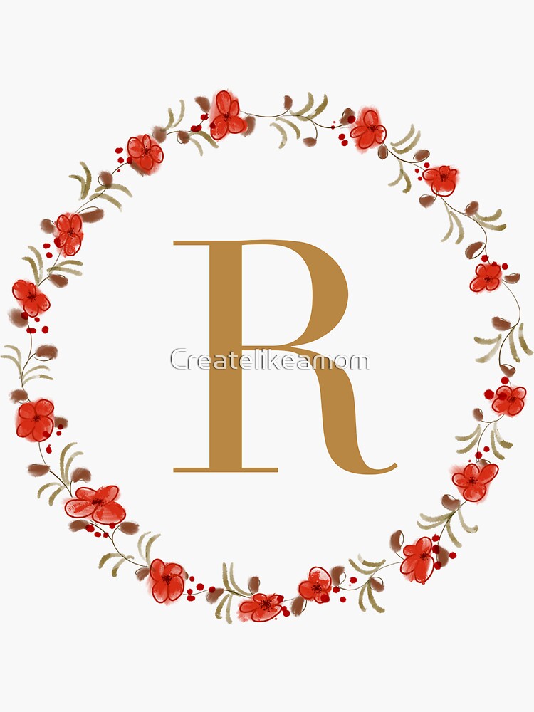 Pegatina «Monograma de la letra R con flores y hojas de color rojo» de ...