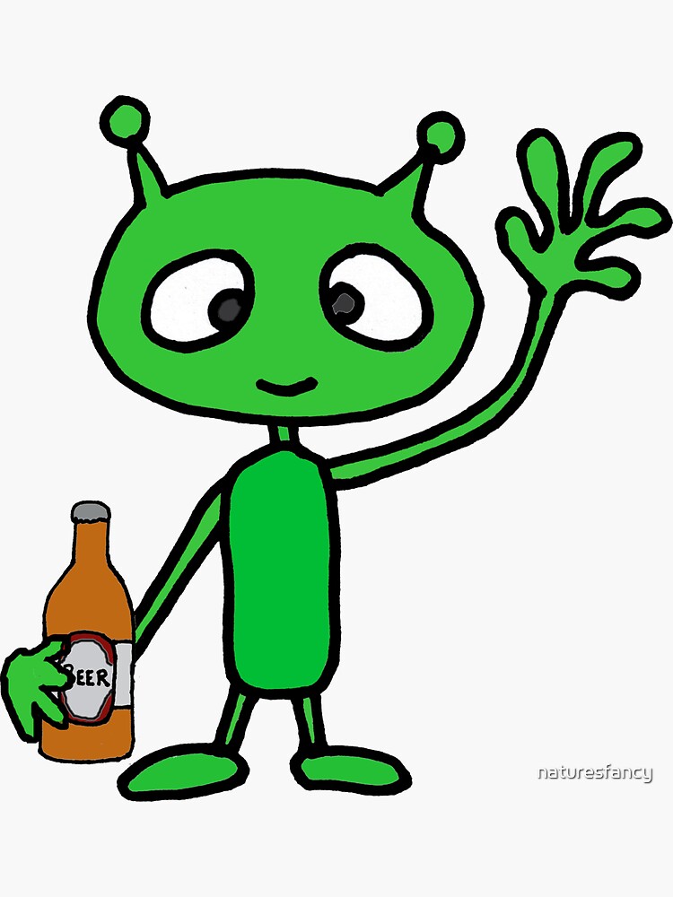 "Funny Friendly Green Martian Drinking Beer Alien Cartoon" Sticker for ...