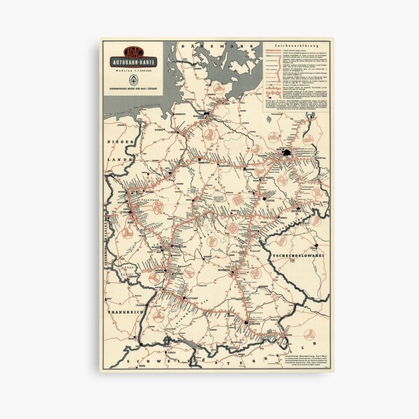 "ADAC Autobahn-Karte. 1950 Vintage Map of Autobahn in Germany." Canvas ...