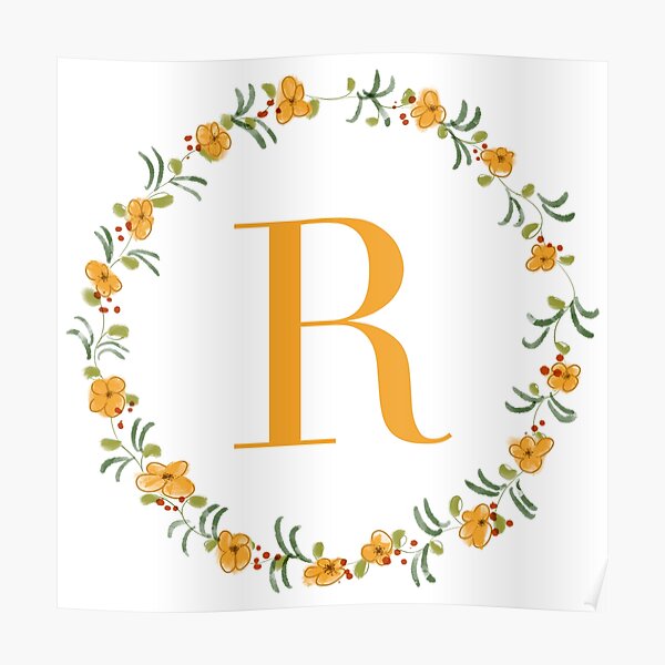 Póster «Monograma de la letra R con flores y hojas de color naranja» de ...