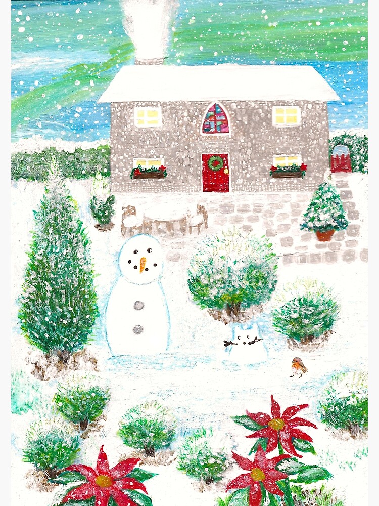 "Snowman and snowcat in a winter garden ~ acrylic painting" Art Print ...