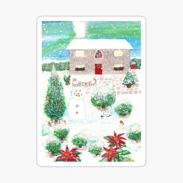 "Snowman and snowcat in a winter garden ~ acrylic painting" Sticker by ...
