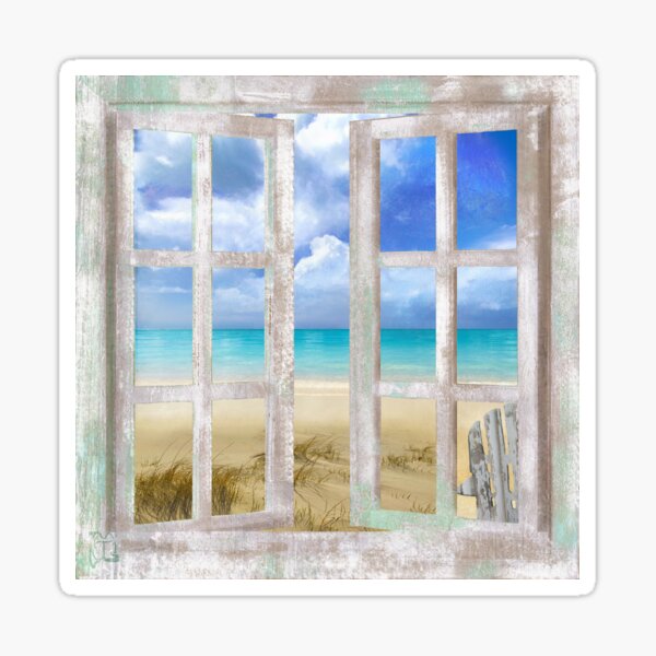 "Caribbean Cottage tropical beach house window, coastal art" Sticker ...
