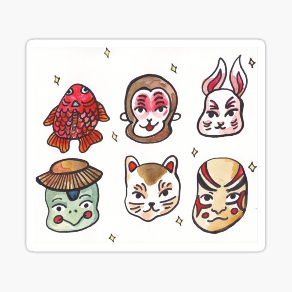 "Japanese Funky Cartoon Masks Watercolour " Sticker for Sale by Pheboss ...
