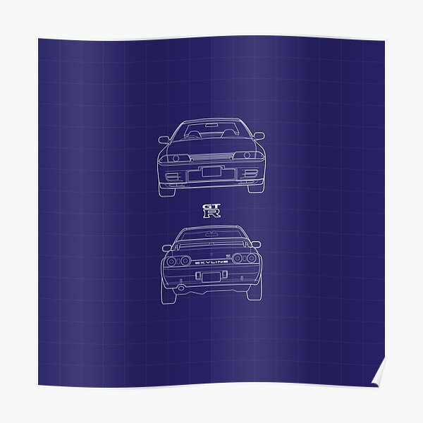 "SKYLINE GTR FRONT VIEW BLUEPRINT DRAWING" Poster for Sale by srattha ...