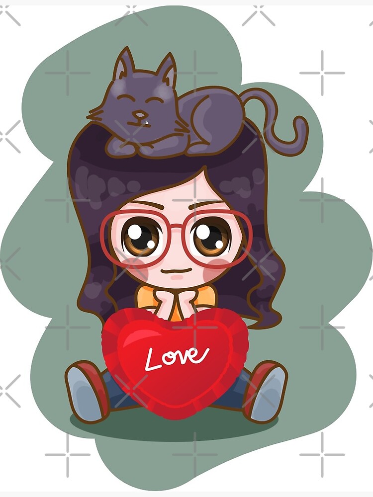 "cute chibi girl with glasses and black cat" Photographic Print for ...