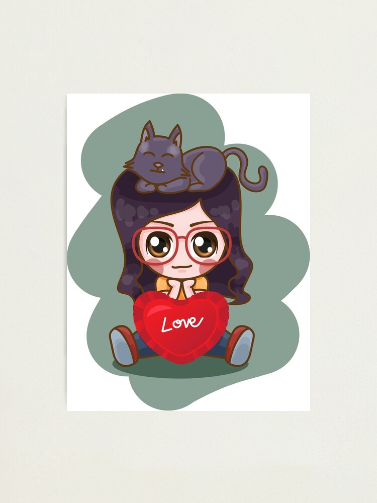"cute chibi girl with glasses and black cat" Photographic Print for ...