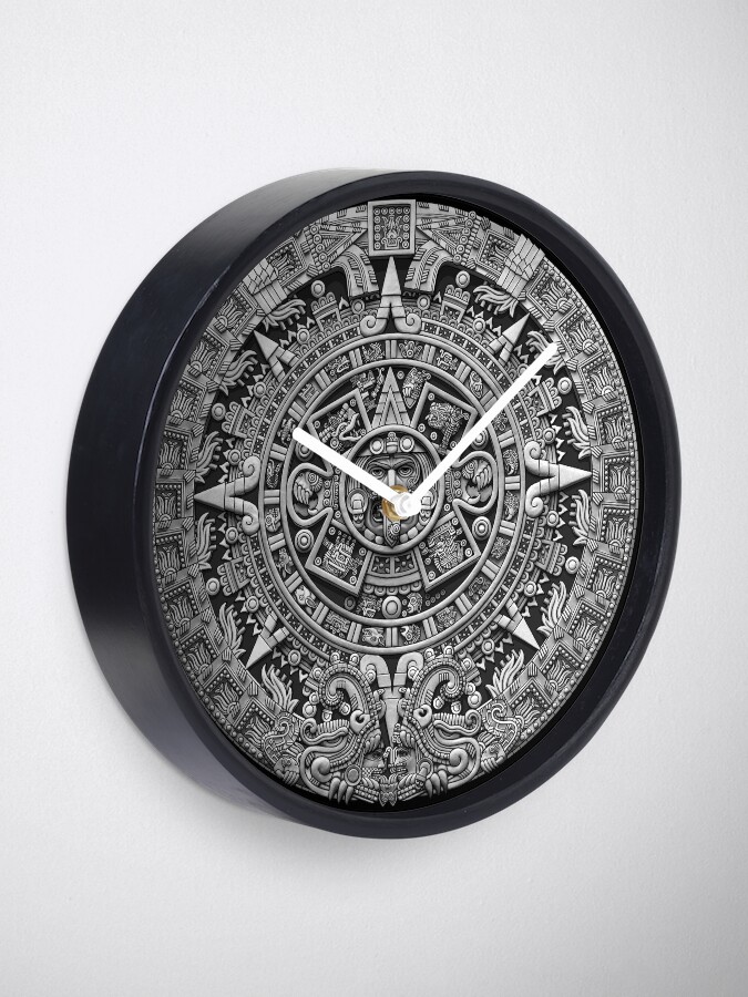 "Aztec Calendar Sun Stone - Greyscale" Clock by Ninjangulo | Redbubble