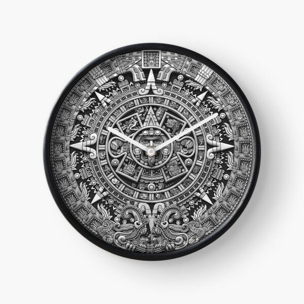 "Aztec Calendar Sun Stone - Greyscale" Clock by Ninjangulo | Redbubble