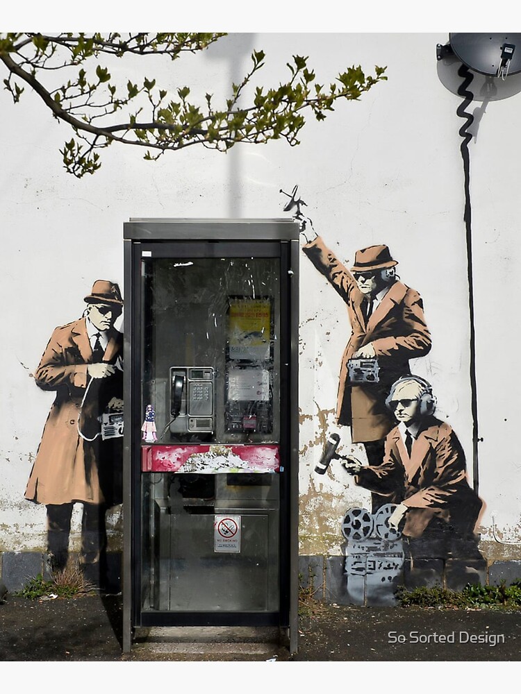 "Banksy Cheltenham Telephone Box Spies" Sticker by OOMPHDESIGNPRIN ...